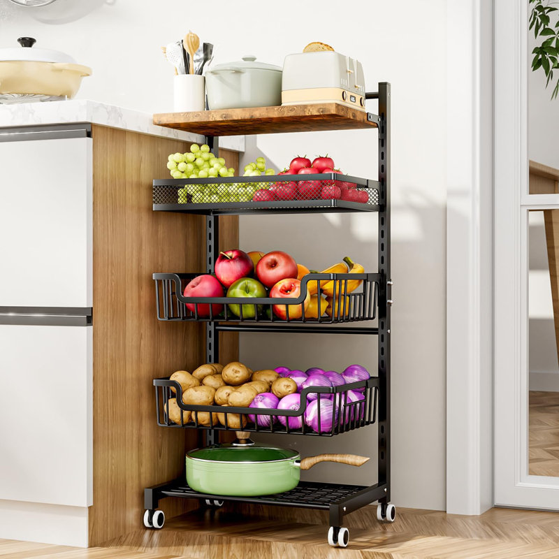 Co t 5 Tier Fruit Basket Kitchen Storage Cart Adjustable Fruit And Vegetable Basket Wooden Top Table Fruit Rack Snack Cart With Wheels Metal Mesh And Wire Storage Basket For Onions And Potatoes